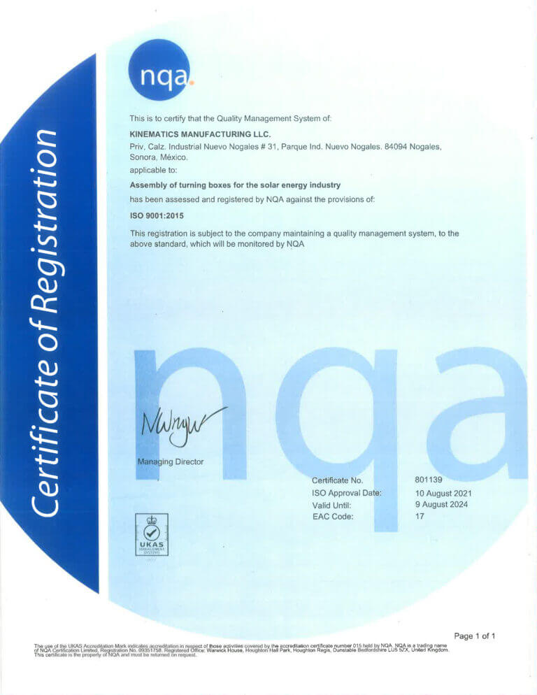 Certificate ISO 9001 - Kinematics