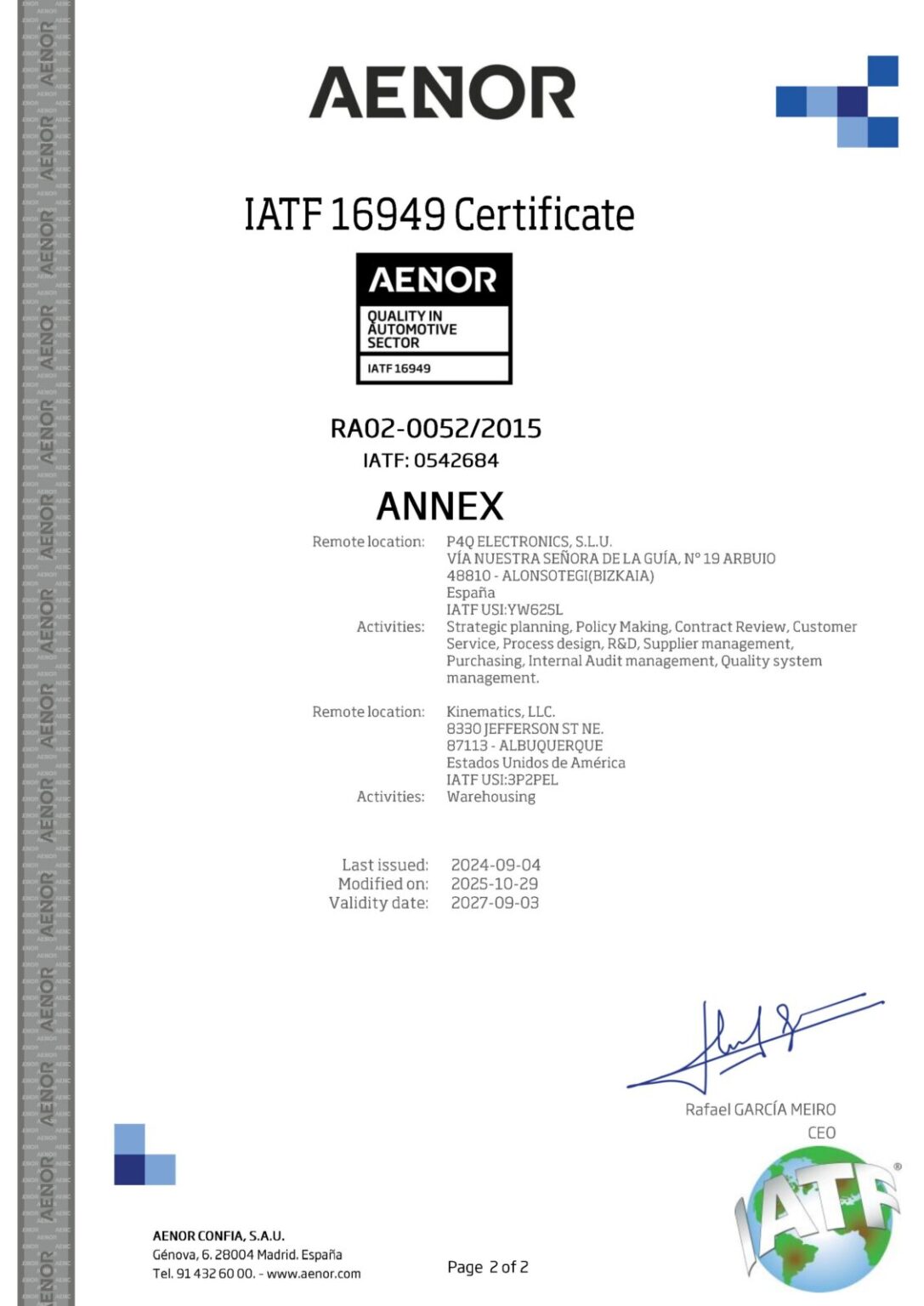 IATF 16949 Certificate - Kinematics